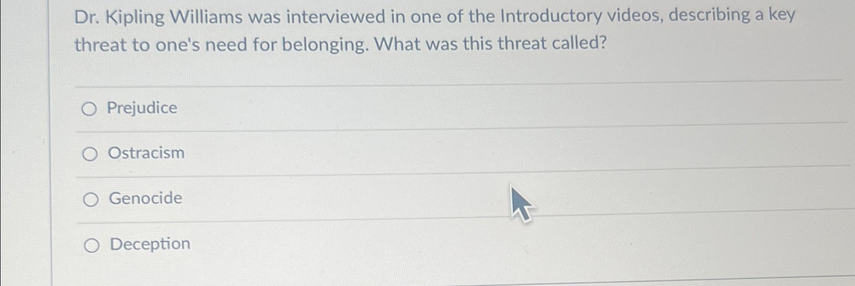 Solved Dr. ﻿Kipling Williams was interviewed in one of the | Chegg.com