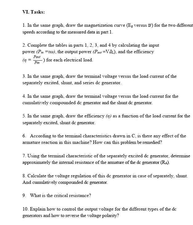 Solved V. Results Part 1: separately excited de generator No | Chegg.com