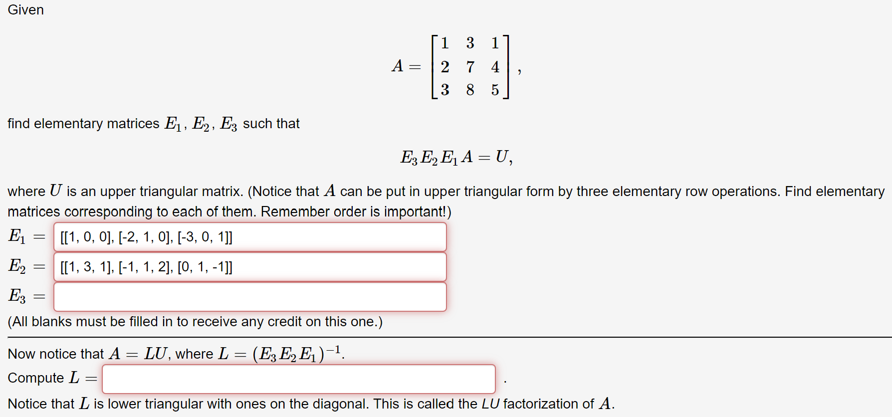 Solved GivenA=[131274385],find elementary matrices E1,E2,E3 | Chegg.com