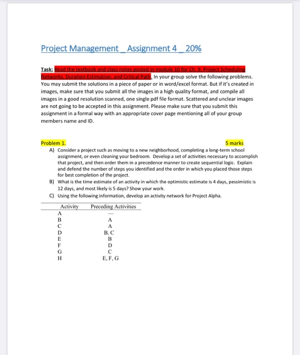 Solved Project Management Assignment 4_20% Task: lead the | Chegg.com
