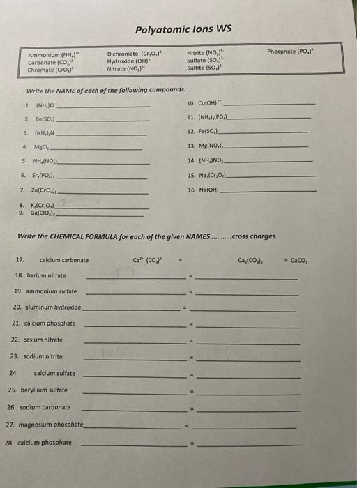 Solved Polyatomic lons WS Write the NaME of each of the | Chegg.com
