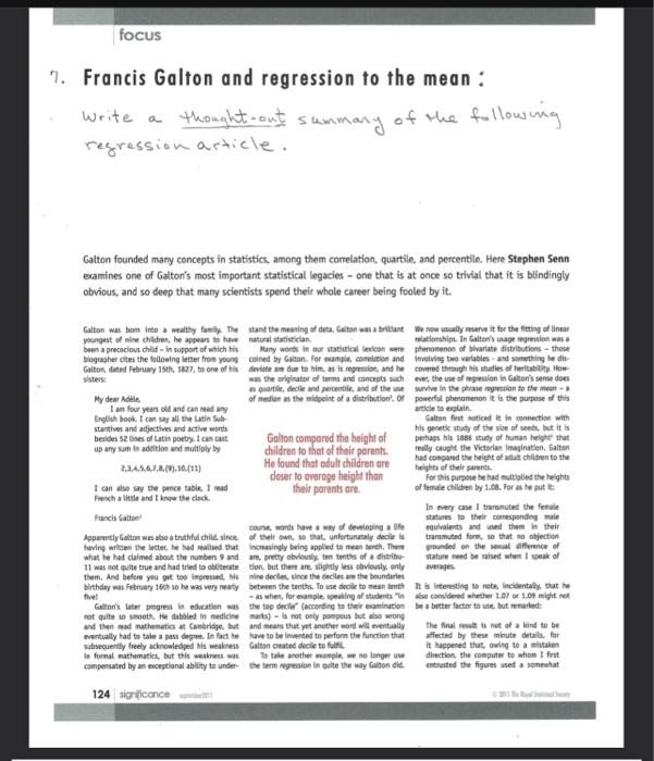 7. Francis Galton and regression to the mean: Write a | Chegg.com