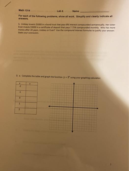 Solved Math 1314 Lab 4 Name For each of the following | Chegg.com