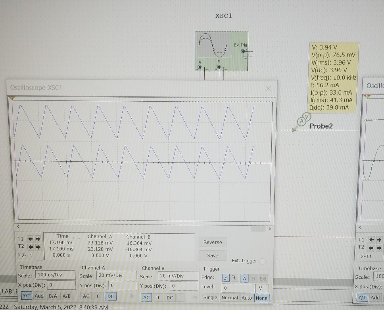 Solved XSC2 XSC1 EX Ext Trig B V: -- V(p-p): -- Varms): | Chegg.com