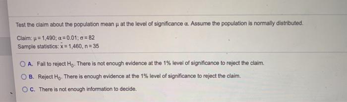 Solved Test the claim about the population mean p at the | Chegg.com