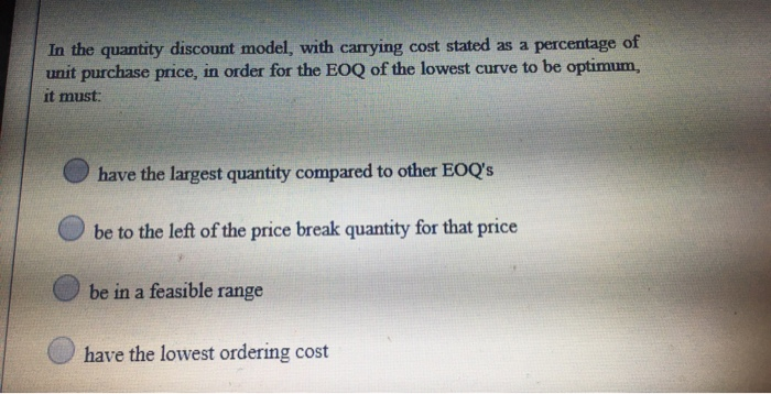 Solved In the quantity discount model, with carrying cost | Chegg.com