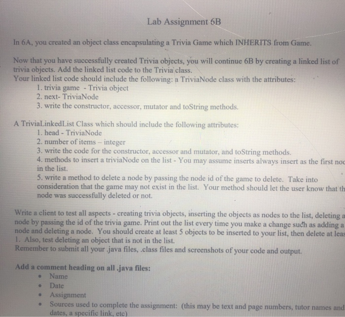 Solved Lab Assignment 6B In 6A, you created an object class | Chegg.com