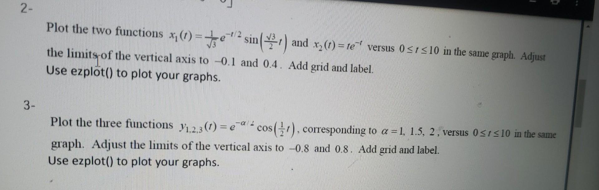 Solved Plot the two functions x1(t)=31e−t/2sin(23t) and | Chegg.com