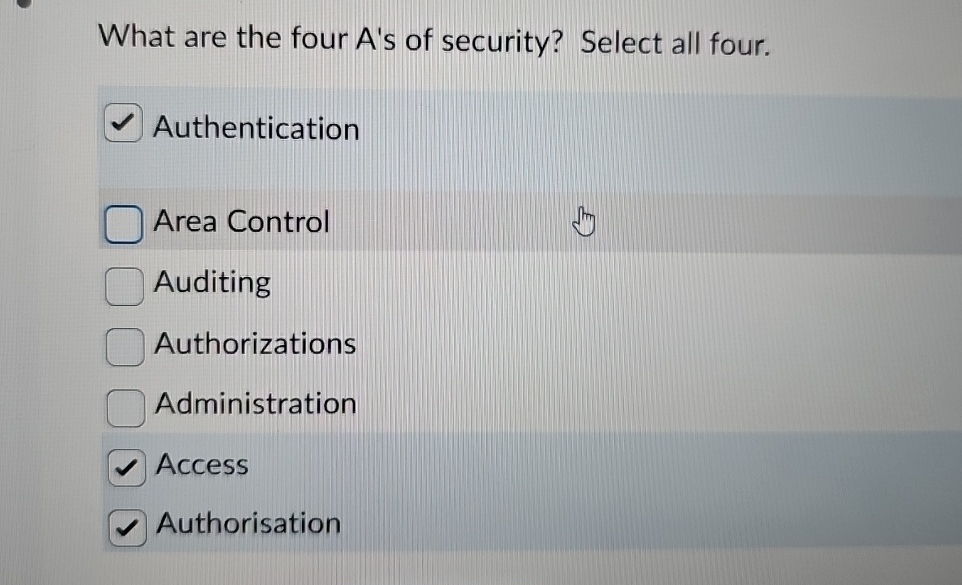 Solved What are the four A's of security? Select all | Chegg.com