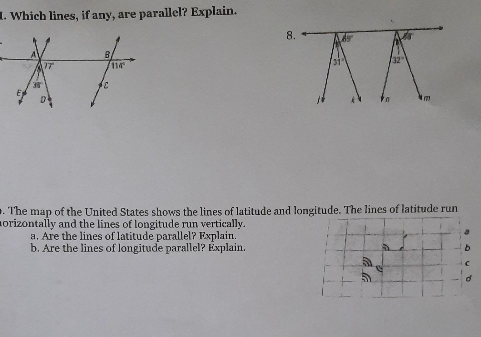 Solved 1. Which lines, if any, are parallel? Explain. 8. A B | Chegg.com