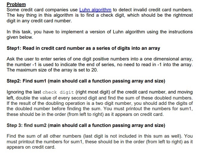 Solved Problem Some credit card companies use Luhn algorithm | Chegg.com