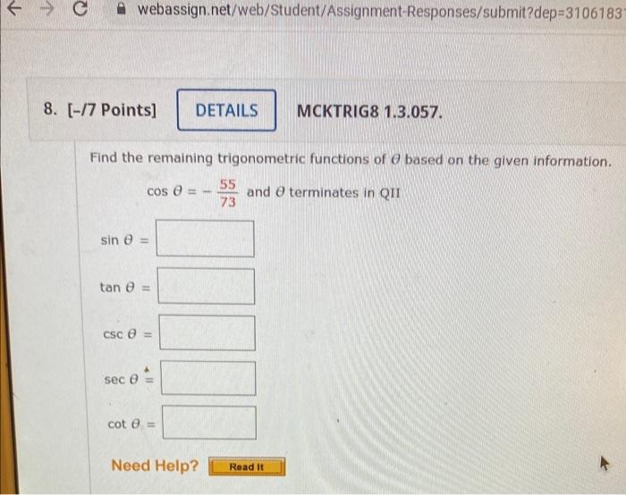 Solved Find the remaining trigonometric functions of θ based | Chegg.com