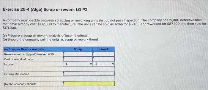 Solved Exercise 25-4 (Algo) Scrap or rework LO P2 A company | Chegg.com