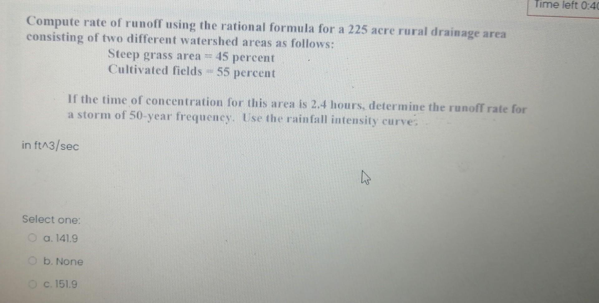 Solved Time left 0:40 Compute rate of runoff using the | Chegg.com