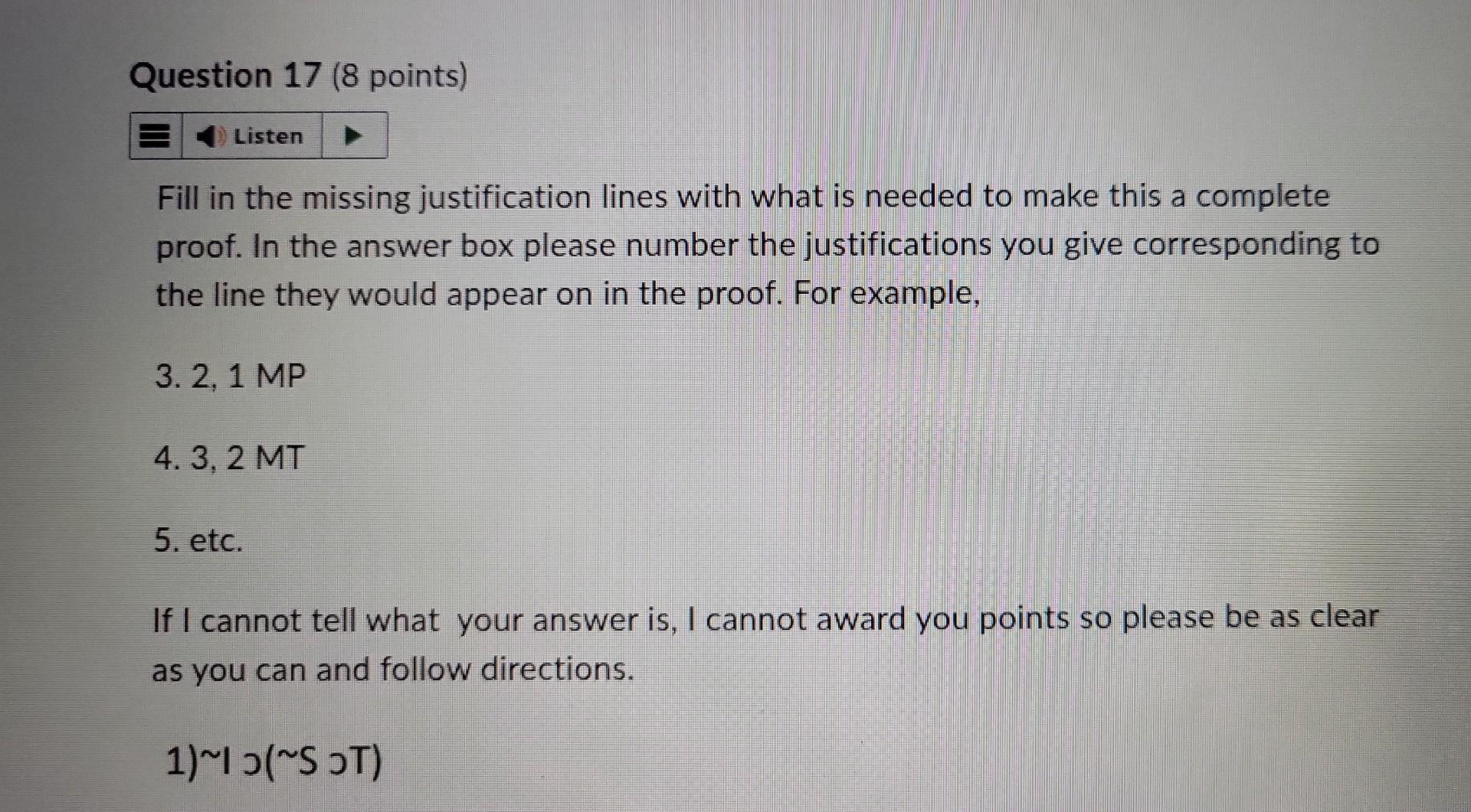 Solved 1) ∼⊃(∼S⊃T) 2) lv(F⊃G) 3) SvF 4) 1∙E/TvG 5) 1 6) S∋T | Chegg.com