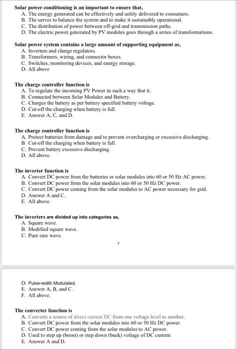 Solved Part 1: Multiple Choice Questions For grid-connected | Chegg.com