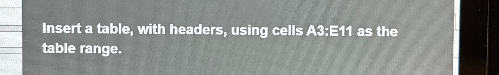 Solved Insert a table, with headers, using cells A3:E11 ﻿as | Chegg.com