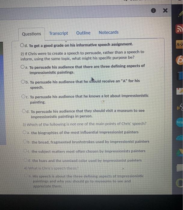 Solved X Questions Transcript Outline Notecards A-2 VO Od. | Chegg.com