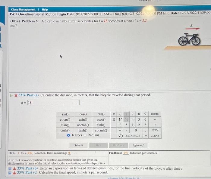Solved (10%) Problem 6: A bicycle initially at rest | Chegg.com