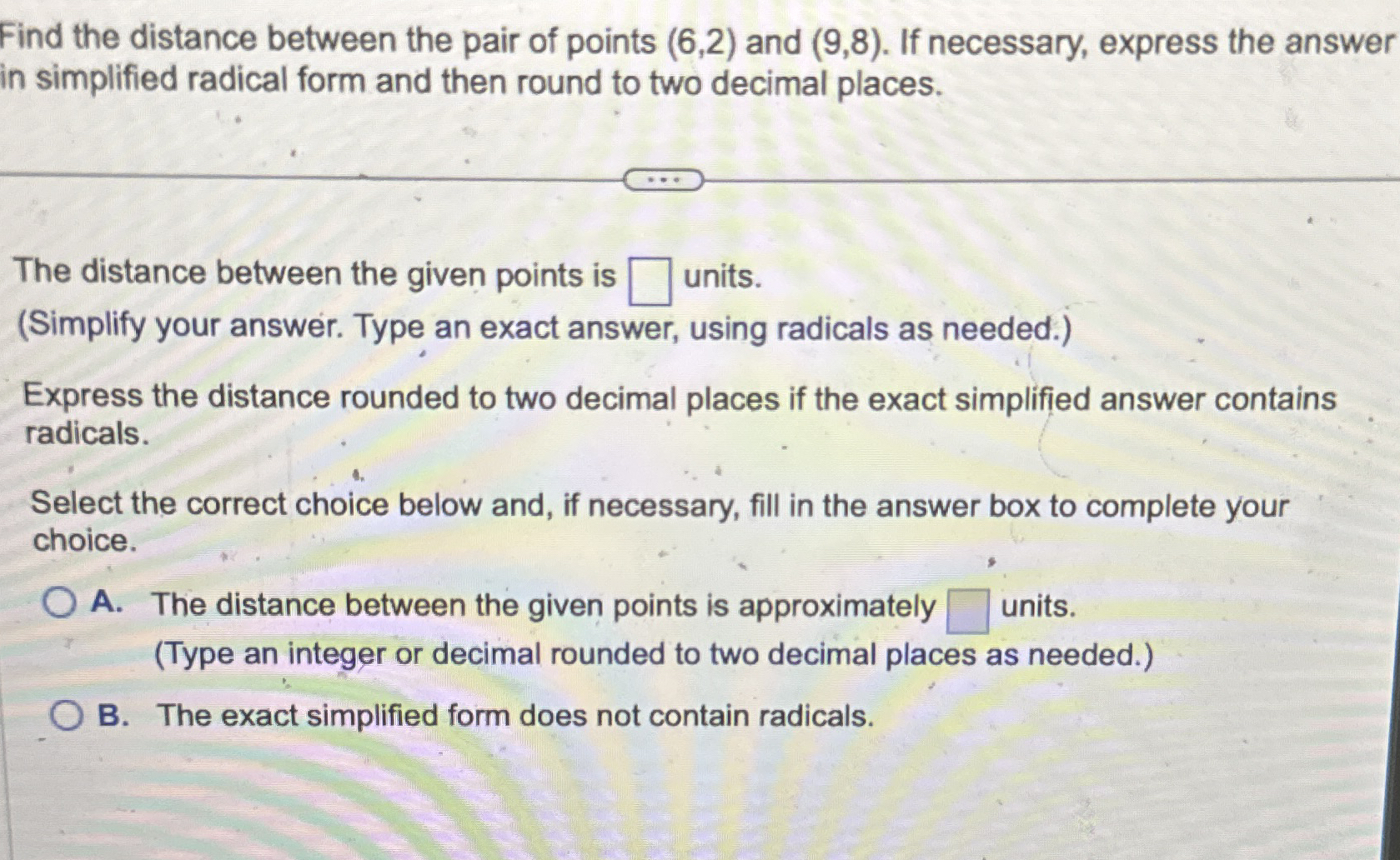 Solved Find the distance between the pair of points (6,2) | Chegg.com