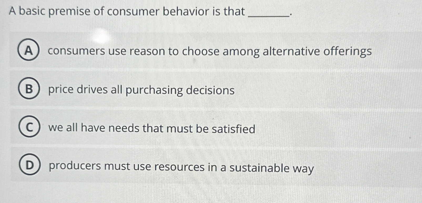 Solved A basic premise of consumer behavior is thatconsumers | Chegg.com