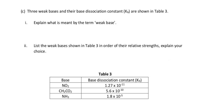 Solved (c) Three weak bases and their base dissociation | Chegg.com