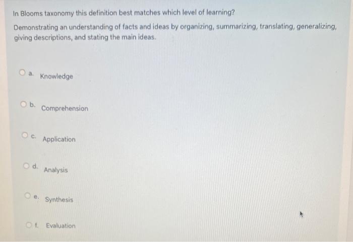 Solved In Blooms taxonomy this definition best matches which | Chegg.com