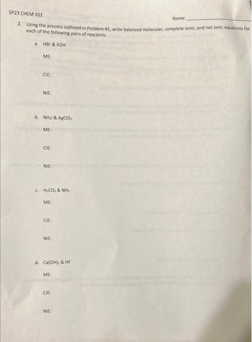 Solved 3 CHEM 101 Name: 2. Using the process outlined in | Chegg.com
