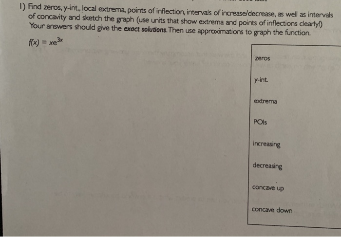 Solved 1) Find zeros, y-int., local extrema, points of | Chegg.com