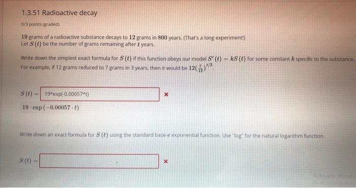 Solved or3 points (graded) 19 grams of a radioactive | Chegg.com