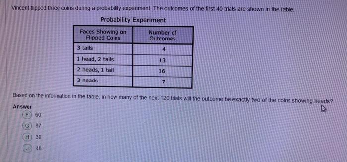 Solved Vincent flipped three coins during a probability | Chegg.com