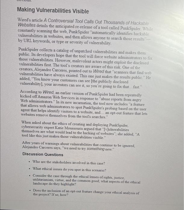 Solved Making Vulnerabilities Visible Wired's article A | Chegg.com