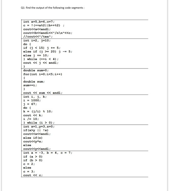 Solved Q1: find the output of the following code segments: | Chegg.com