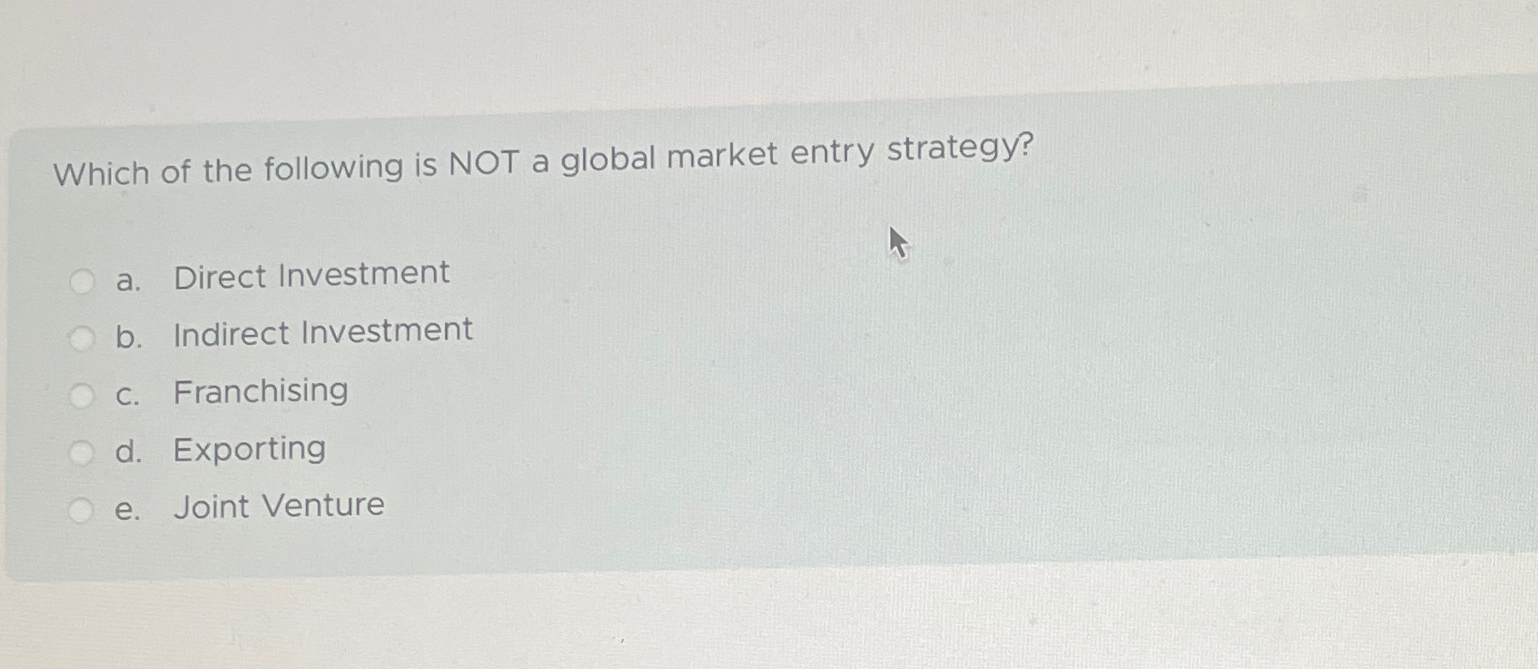Solved Which of the following is NOT a global market entry | Chegg.com