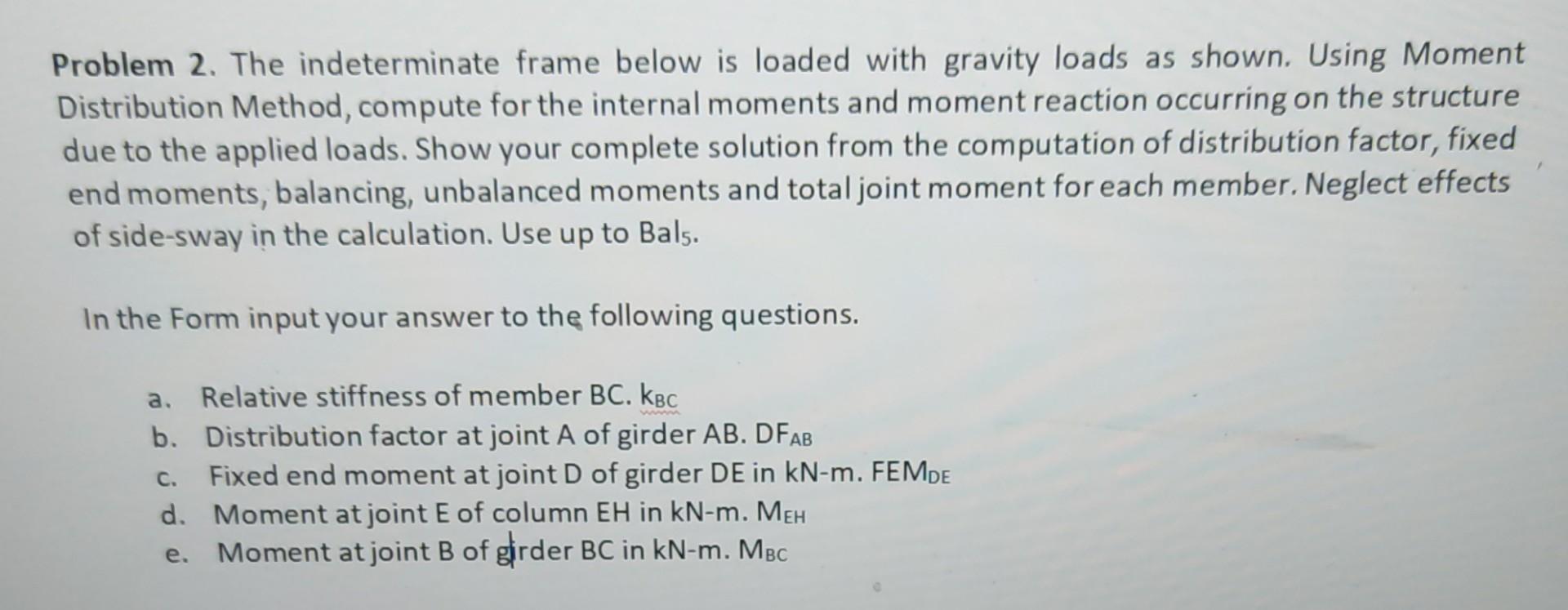 Solved Problem 2. The indeterminate frame below is loaded | Chegg.com