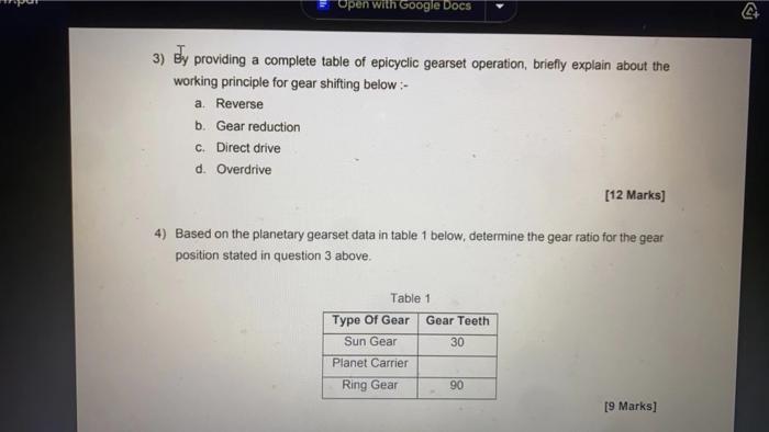 Solved 3) Ey providing a complete table of epicyclic gearset | Chegg.com
