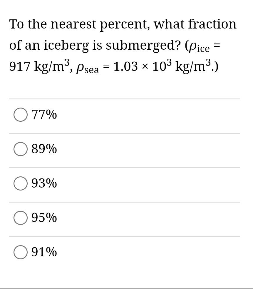 Solved To the nearest percent, what fraction of an iceberg | Chegg.com