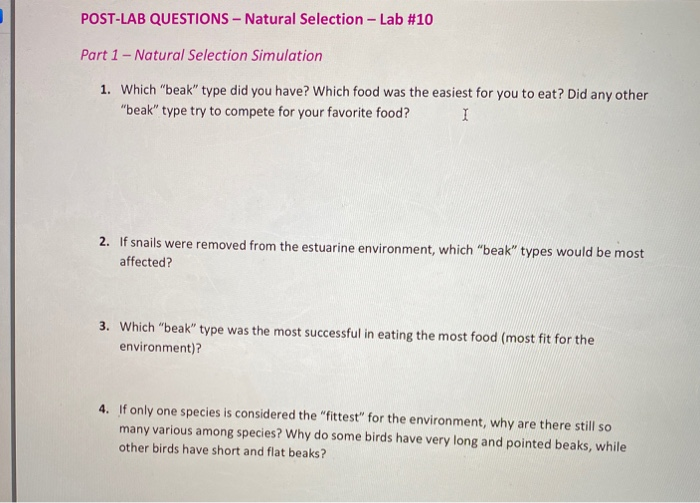 POST-LAB QUESTIONS - Natural Selection - Lab #10 Part | Chegg.com