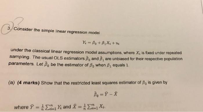 Solved camer 3. Consider the simple linear regression model | Chegg.com