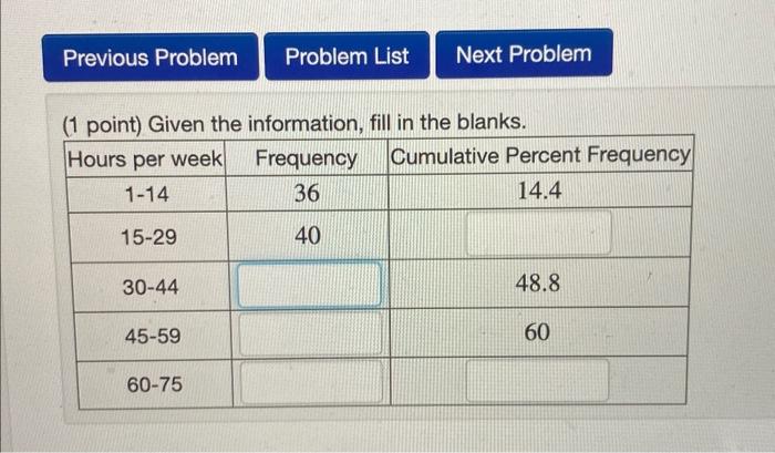 Solved Previous Problem (1 point) Given the information, | Chegg.com
