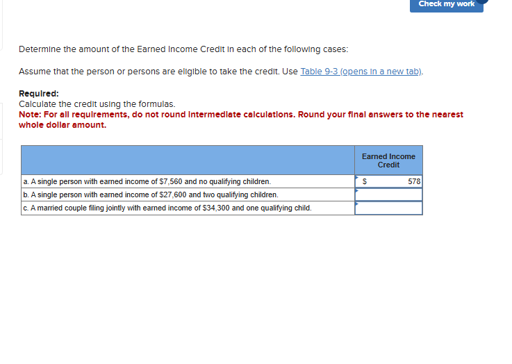 Solved Determine the amount of the Earned Income Credit In | Chegg.com