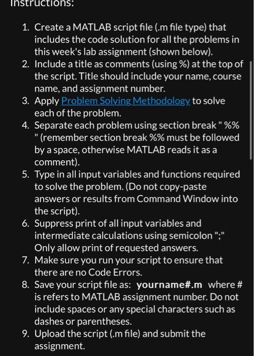 Instructions 1 Create A Matlab Script File M File
