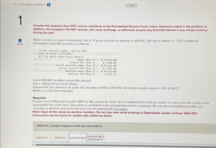 Solved Ch 2 Tax Return Problem 1 eBook Assume the taxpayer | Chegg.com