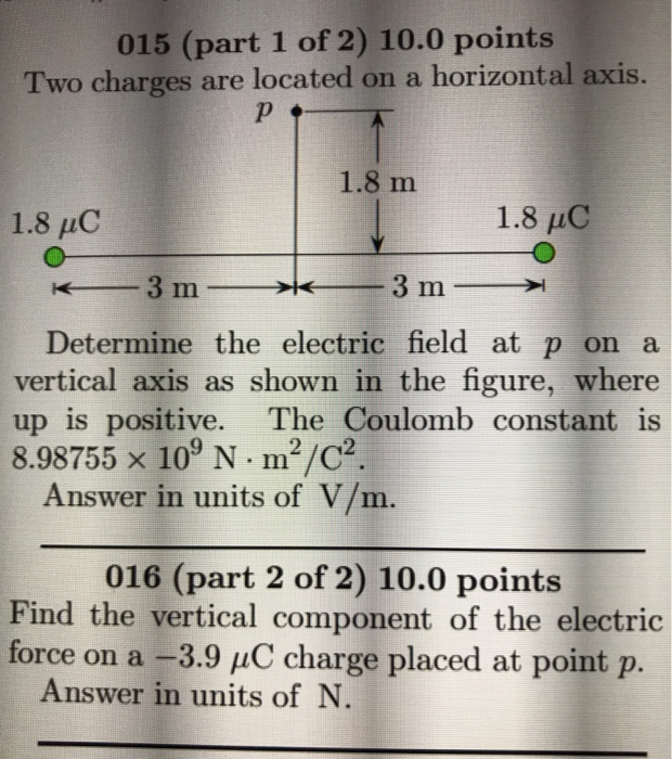 Solved 015 (part 1 of 2) 10.0 points Two charges are located | Chegg.com