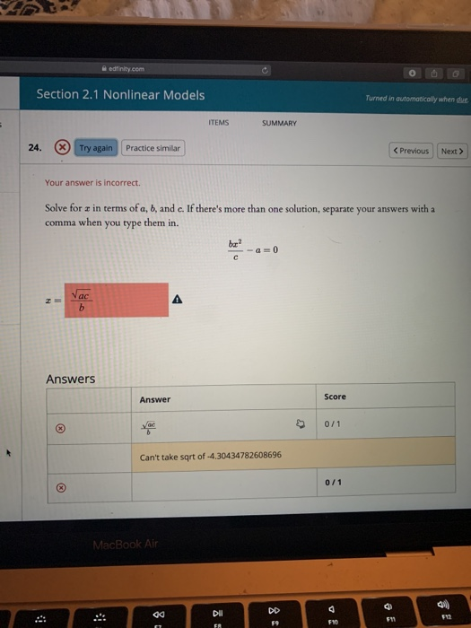 Solved edfinity.com 0 Section 2.1 Nonlinear Models Turned in | Chegg.com