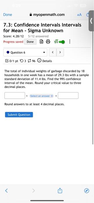 Solved 7.3: Confidence Intervals Intervals for Mean - Sigma | Chegg.com