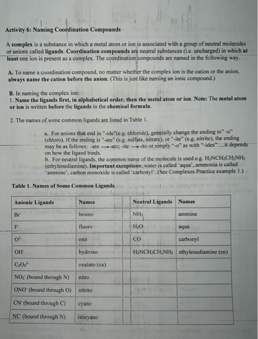 Solved Activity 6: Naming Coordination Compounds A complex | Chegg.com