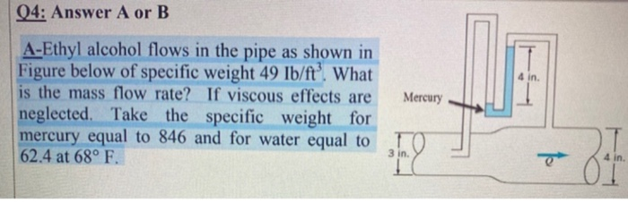Solved Q4: Answer A or B 4 in. A-Ethyl alcohol flows in the | Chegg.com