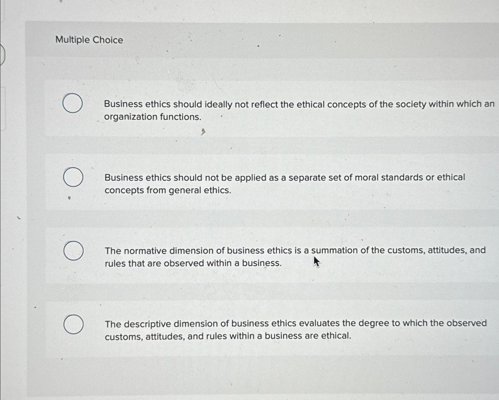 Solved Multiple ChoiceBusiness ethics should ideally not | Chegg.com