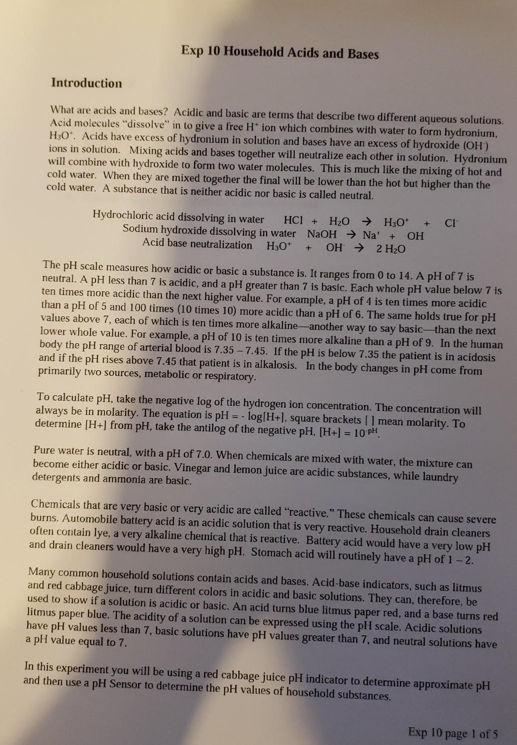 Exp 10 Household Acids and Bases Introduction What | Chegg.com